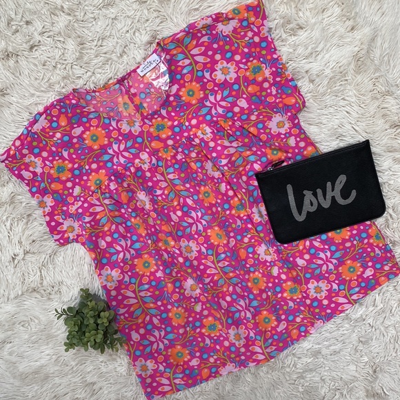 Emily Wonder | Tops | Emily Wonder Floral Blouse Pink Aqua Orange ...